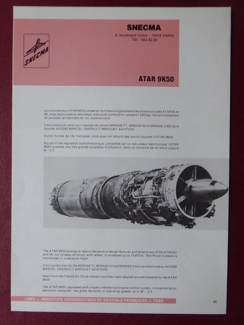 1983 DOCUMENT GIFAS Snecma Atar 9K50 Jet Engine Turboreacteur Mirage F1 ...