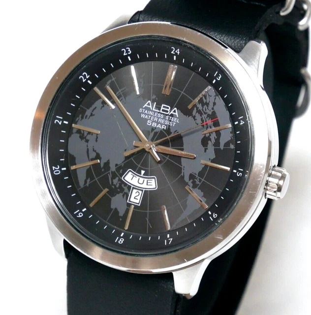 SEIKO ALBA BLACK DayDate World Map Watch VJ33-X013 Quartz Faux Leather ...