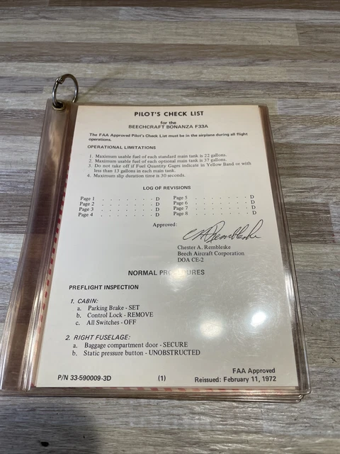 QUICK FLIP REFERENCE Original pilots check list Beechcraft Bonanza F33a ...