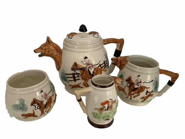 VINTAGE PORTLAND POTTERY Fox Hunting Tea Set Teapot Milk Jug Sugar Bowl ...