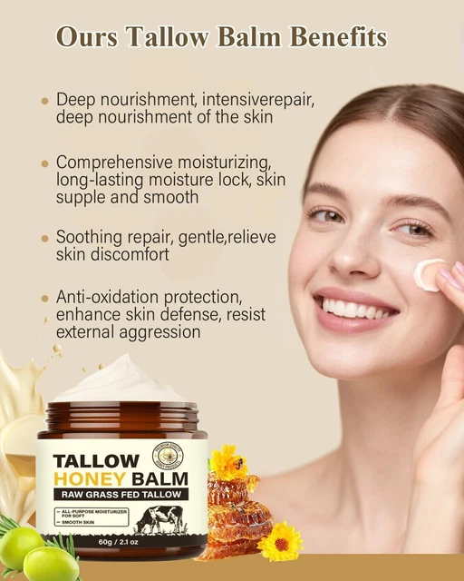 100% GRASS-FED BEEF Tallow & Honey Balm, Beef Tallow Skin Care, Deep ...