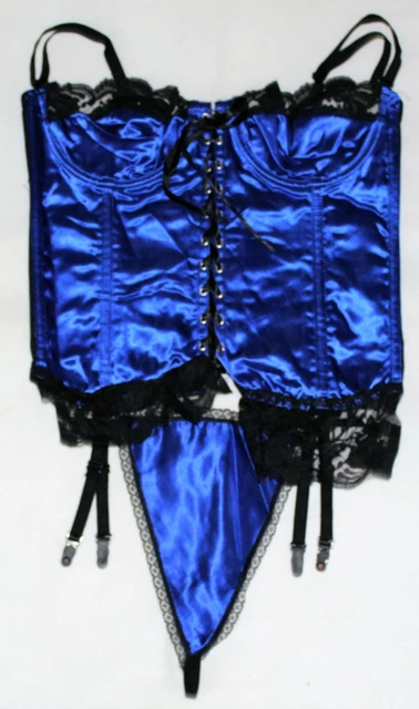 BLUE HEAVY SATIN Basque/Corset & Thong Lingerie Set With Black Lace ...