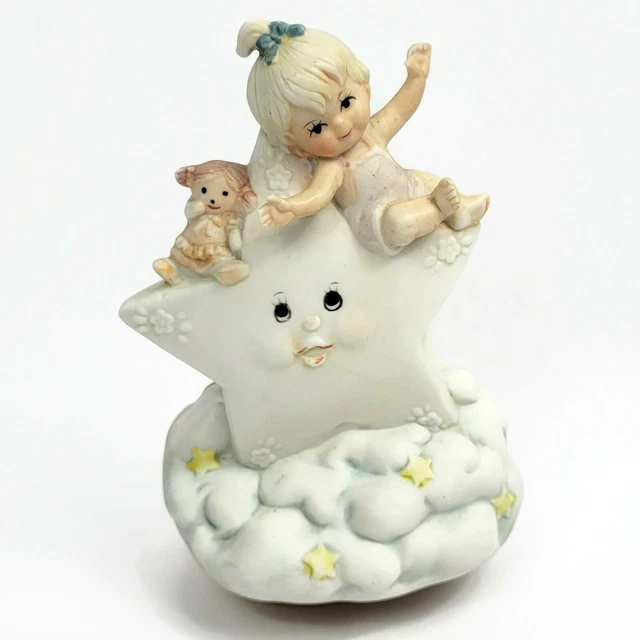 VINTAGE MUSIC BOX Rotating Baby Sitting on Star with Doll Ceramic Wind ...