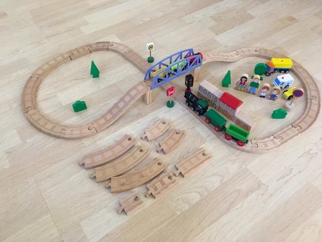 WOODEN TRAIN TRACK Set, train, trucks, buildings, signs & More BRIO/ELC ...