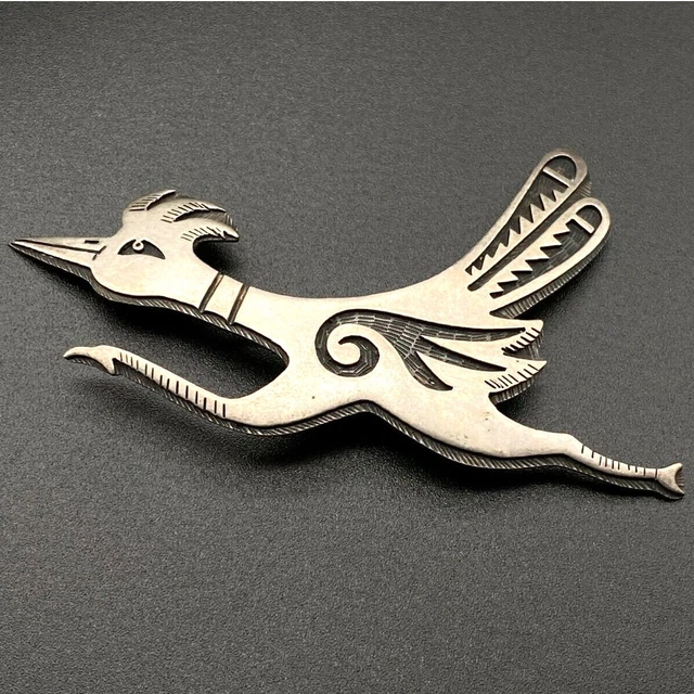 VINTAGE HOPI PHILLIP Honanie Native Roadrunner Bird Silver Pin Brooch ...