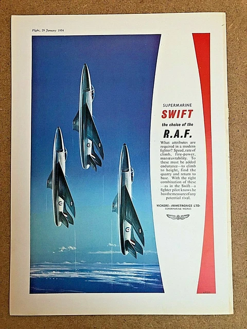 1954 AIRCRAFT ADVERT VICKERS ARMSTRONGS SUPERMARINE SWIFT RAF FIGHTER ...