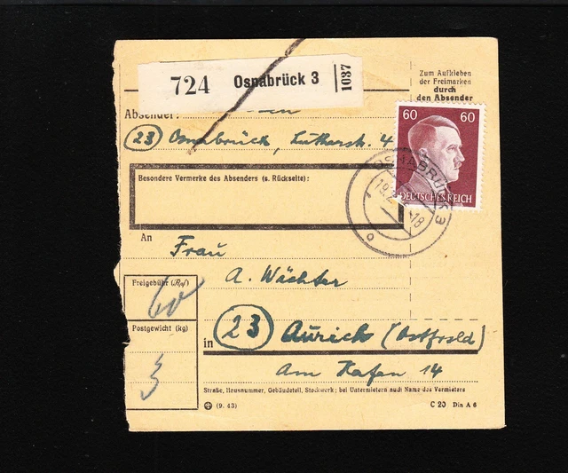GERMANY HITLER DEFINITIVE THREE DIFFERENT Paket Package Cards 1944 ...