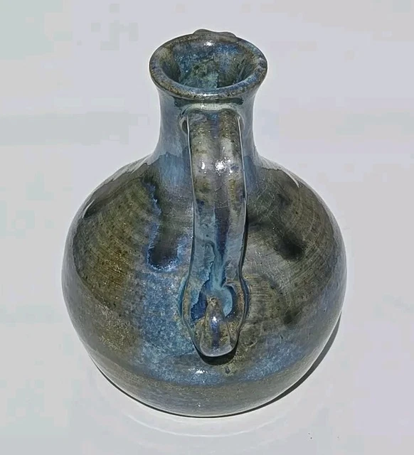 STUDIO POTTERY VASE Small Blue & Gray Drip Glaze 2 Handles Signed H ...