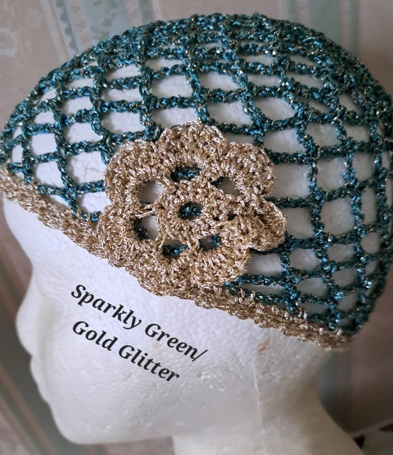 SPARKLY GREEN / GOLD LUREX CROCHET SKULL CAP HAT 70s 20s Fancy Dress ...