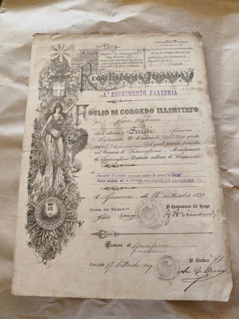 FOGLIO CONGEDO ILLIMITATO Regio Esercito Italiano 1899 No Elmetto EUR 7 ...