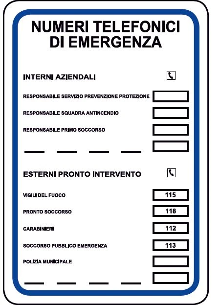 CARTELLO SEGNALETICA INDICAZIONE NUMERI DI EMERGENZA in alluminio ...