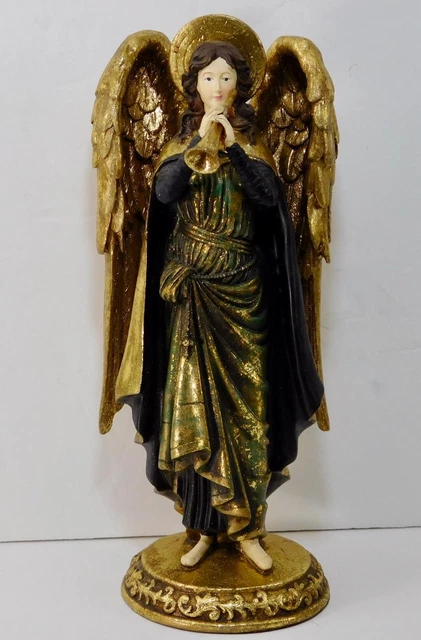 VINTAGE LOVELY STANDING Angel with Horn in Green/black and Gold Gild 12 ...