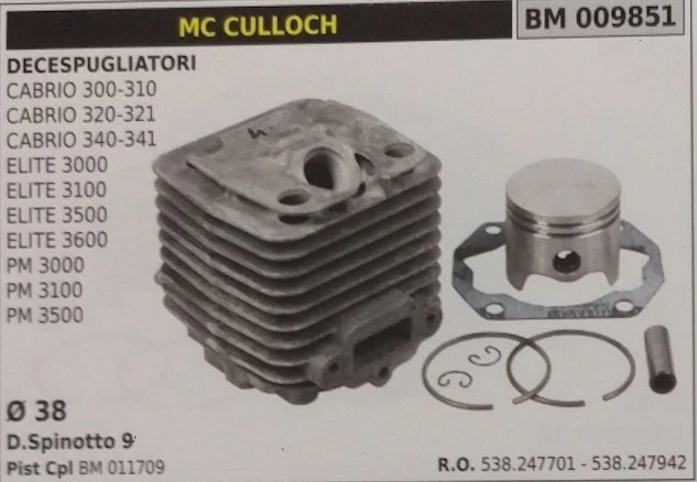 CILINDRO PISTON COMPLET Débroussailleuse Mcculloch Cabrio 300 310 320 ...