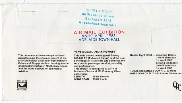 SOUVENIR COVER - Commem. Qantas Inaugural Flight Cairns-Singapore April ... SOUVENIR COVER - Commem. Qantas Inaugural Flight Cairns-Singapore April ...
