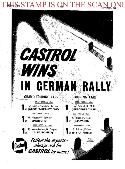 CASTROL MOTOR OIL German Rally ADVERT : Original Vintage 1960 Print Ad ...