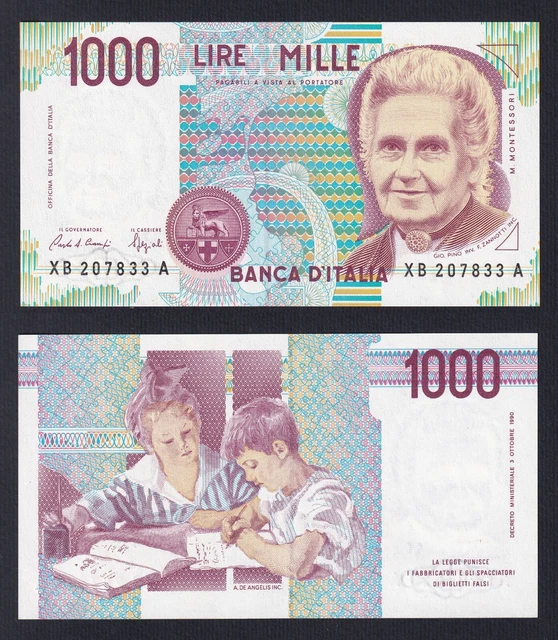 BANKNOTES ITALY 1000 Livres Montessori 1991 P 114ar (Series Xb ) Fds ...