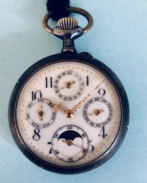 POCKET WATCH TRIPLE Calendar Moon Phase Antique Swiss w/Case SWISS Iron ...