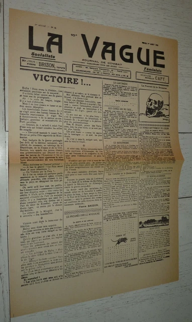 FAC-SIMILE JOURNAL LA Vague 01-08 1918 Guerre 14-18 Pacifisme Brizon Ps ...