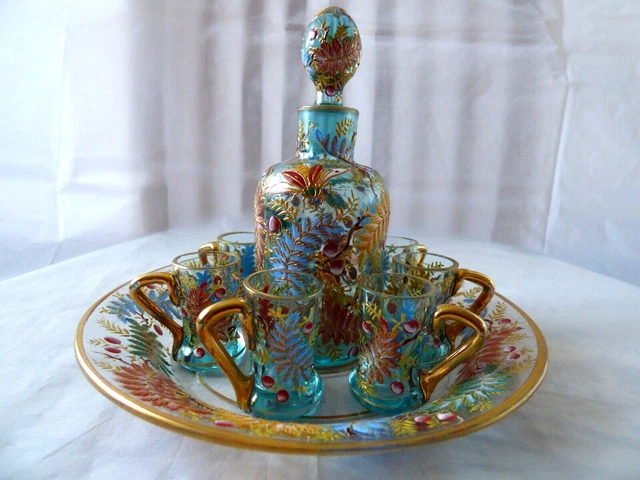 MOSER GLASS ENAMEL Insects Blue Decanter Glass Set on Tray Bohemian Red ...