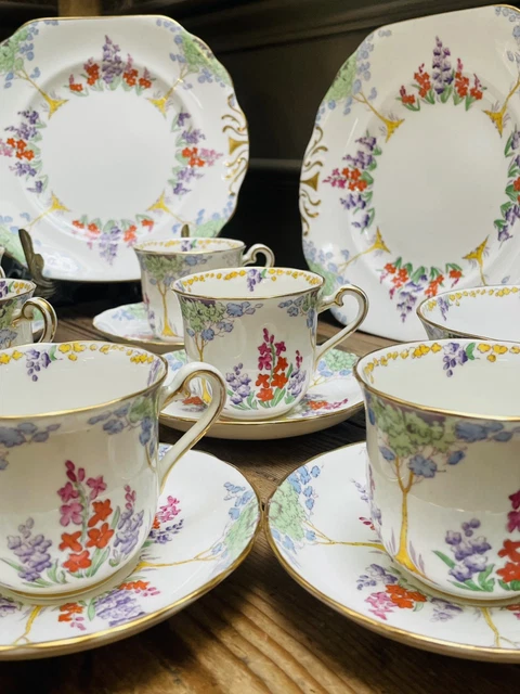 NEW CHELSEA CHINA Staffordshire Art Deco blue bell wood tea set 18P £ ...