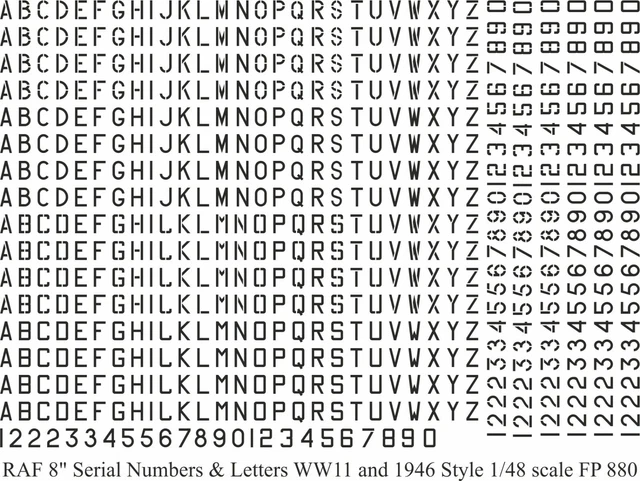 RAF SERIAL NUMBERS and Letters 8" DECALS for WW11 & 1946 BLACK 1/48 ...