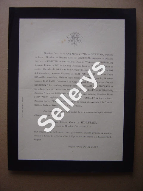 FAIRE-PART DE DÉCÈS de Madame Léonie Marie LE SEGRETAIN épouse de Gustave de Fos EUR 24,90 ...