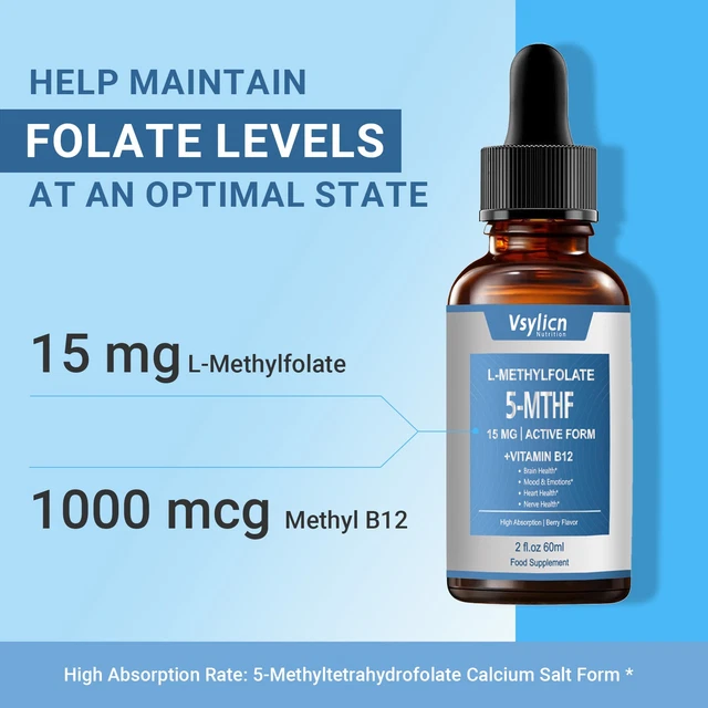 15MG L-METHYLFOLATE & 1000mcg B12 Drop - for Brain, Nerve & Mood ...