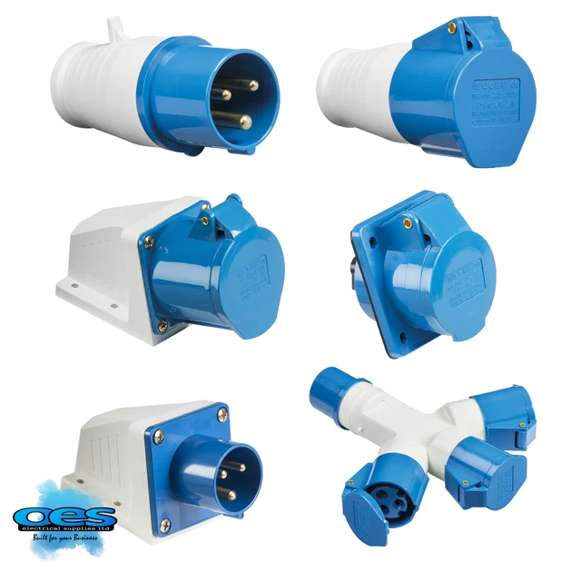 240V 16A 3 Pin Blue Industrial Plugs & Sockets Caravan Camping Ip44 ...