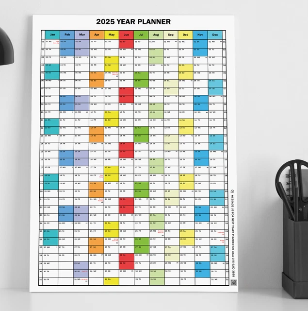 YEAR PLANNER ANNUAL 2025 Portrait wall chart Organiser Work Rota ...