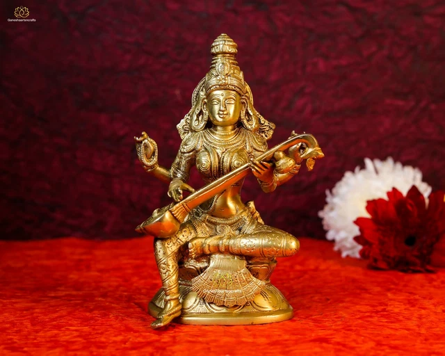 GODDESS SARASWATI PLAYING Veena Brass Figurine Statue with Inlay Work ...
