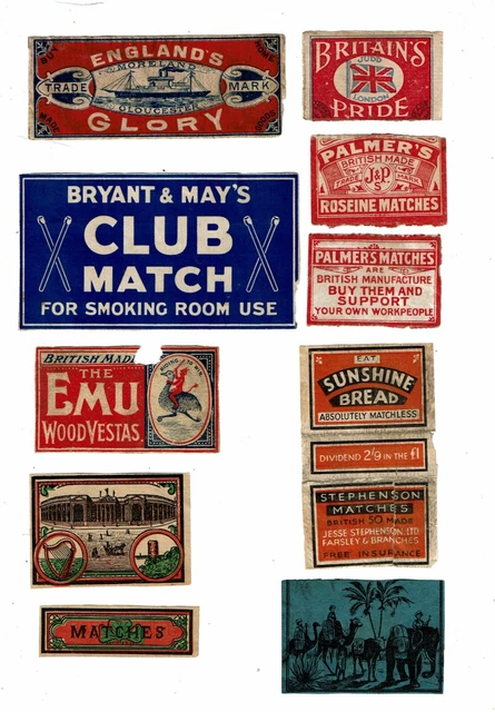10 OLD BRITISH early 1900s Matchbox labels (panels) Bryant & May ...