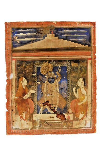 ANTIQUE INDIAN PICHWAI Painting Krishna Worship Scene Hand-Painted Folk ...