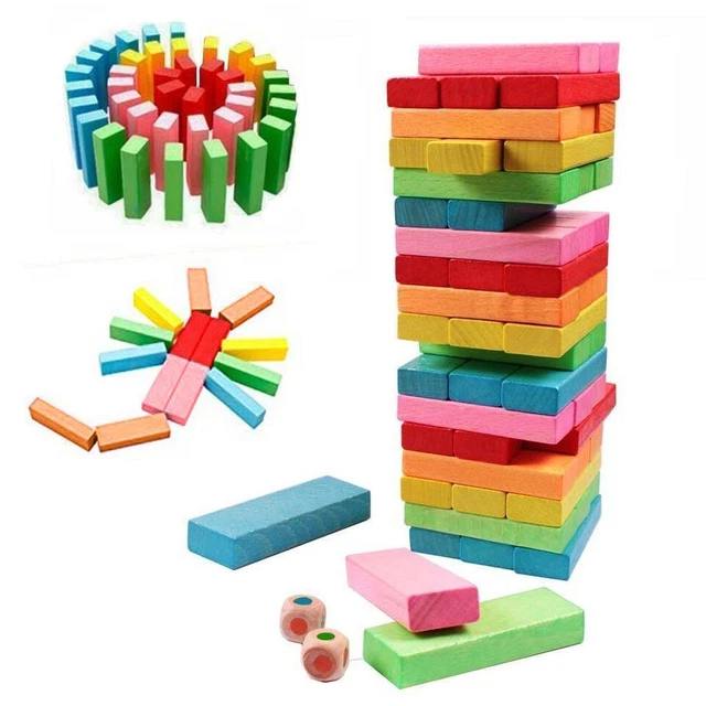 KIDS WOODEN GAME Tower Colourful Building Block Tumbling Stacking ...