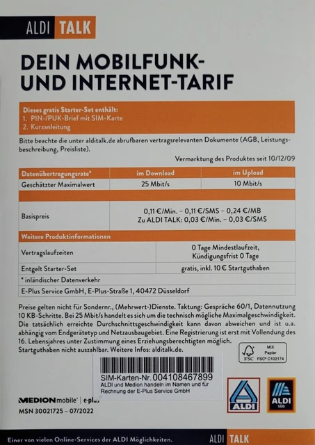 ALDI TALK SIM Karte Starter Set inkl. 10 € Guthaben *NEU&OVP* EUR 2,03 ...