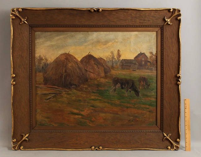 LARGE ANTIQUE ANDREW C DAVIS Impressionist Cow Haystack & Farm Oil ...