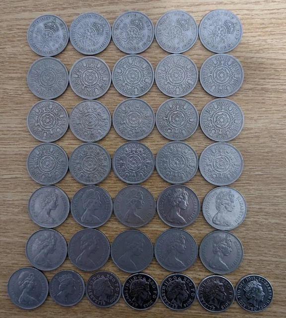 COLLECTION OF 37 Coins All Different Years Two Shillings, 10 New Pence ...