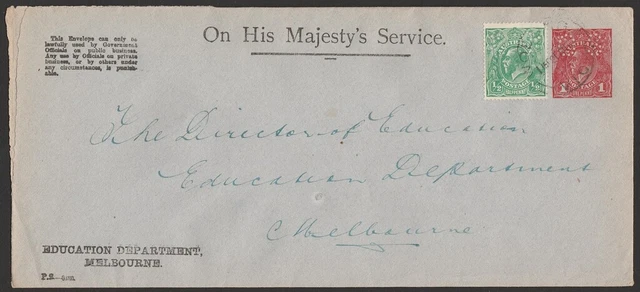 AUSTRALIA ENVELOPES-OFFICIAL 1919 KGV 1d OS Education Dept Melbourne + ½d green. $132.99 ...