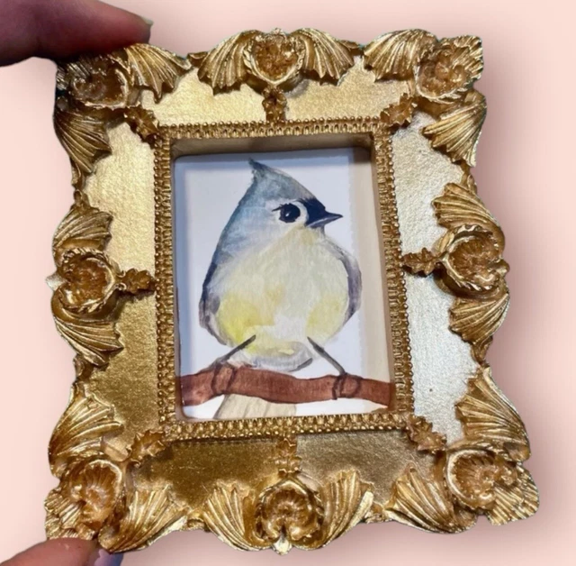TUFTED TITMOUSE BIRD watercolor print in mini gold vintage style ornate ...