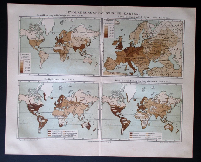 ANTIQUE MAP. THE WORLD POPULATION DENSITY MAP. WORLD RELIGIONS etc ...