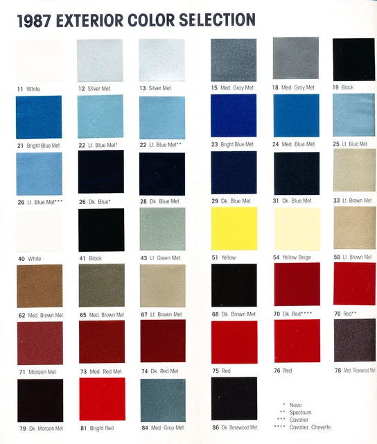 1987 CHEVROLET PAINT Colors Guide Brochure Caprice Camaro Sprint