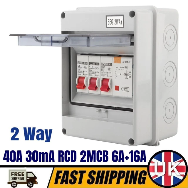 2 WAY WEATHERPROOF Garage Consumer Unit Enclosure Fuse Box 2 MCB 40A ...