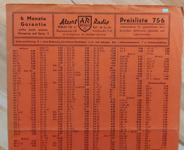 PREISLISTE 756 RÖHREN Atzert Radio Berlin Europahaus Stresemannstr. 1950er/60er EUR 10,60 ...