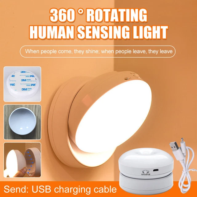 AUTOMATIC MOTION SENSOR Night Light 360° Rotating LED Wall Lamp USB ...
