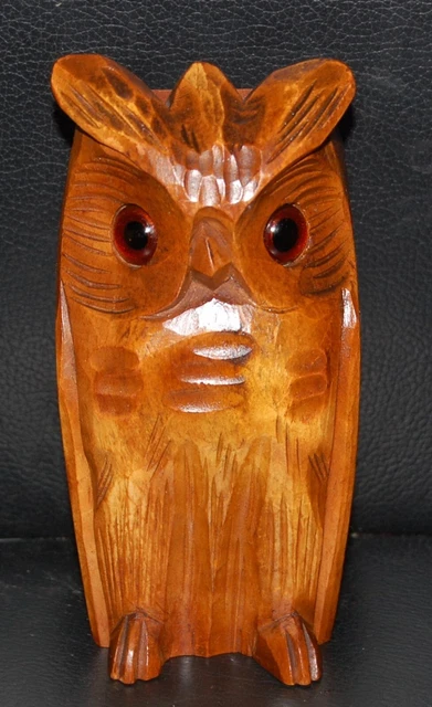 ANTIKE EULE UHU Kauz Statue Figur Deko handgeschnitzt Holzfigur Glasaugen 14,5cm EUR 14,00 ...