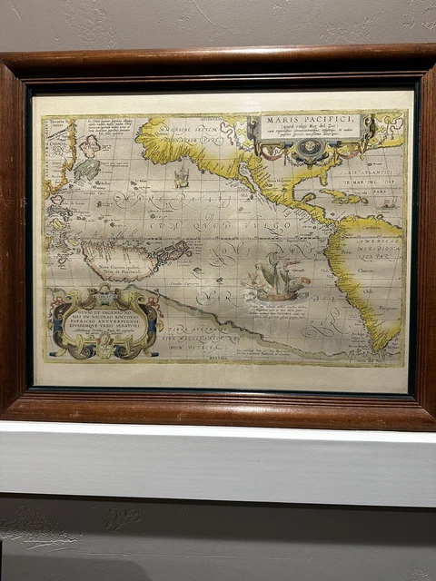VINTAGE WORLD MAP, Maris Pacifici Map of Pacific Ocean, Framed 23”x 19 ...