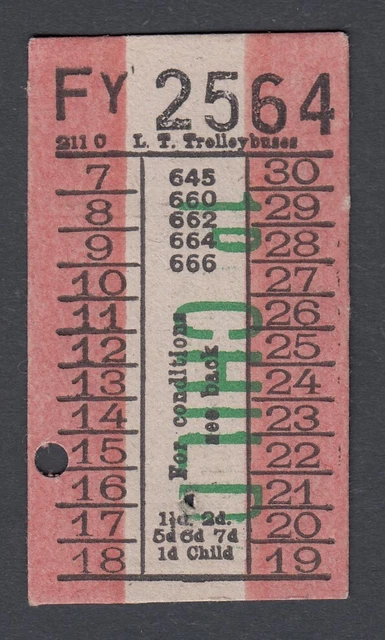 TICKET LONDON TRANSPORT Trolleybuses Trolley Bus 1d Child 645 660 662 ...
