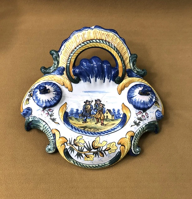 ANCIEN GRAND ENCRIER double en faience signé HR QUIMPER 25 cm Céramique ...