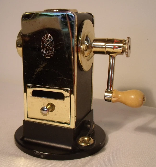 VINTAGE EL CASCO Hand Crank Pencil Sharpener Gold & Black EIBAR ESPANA ...