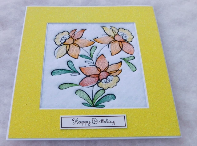 COMPLETE HANDMADE MACHINE embroidered Birthday card Doodle Flowers ...