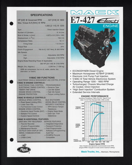 MACK TRUCKS EA7-370 V-Mac 111 Engines Specifications Brochure EUR 19,87 ...